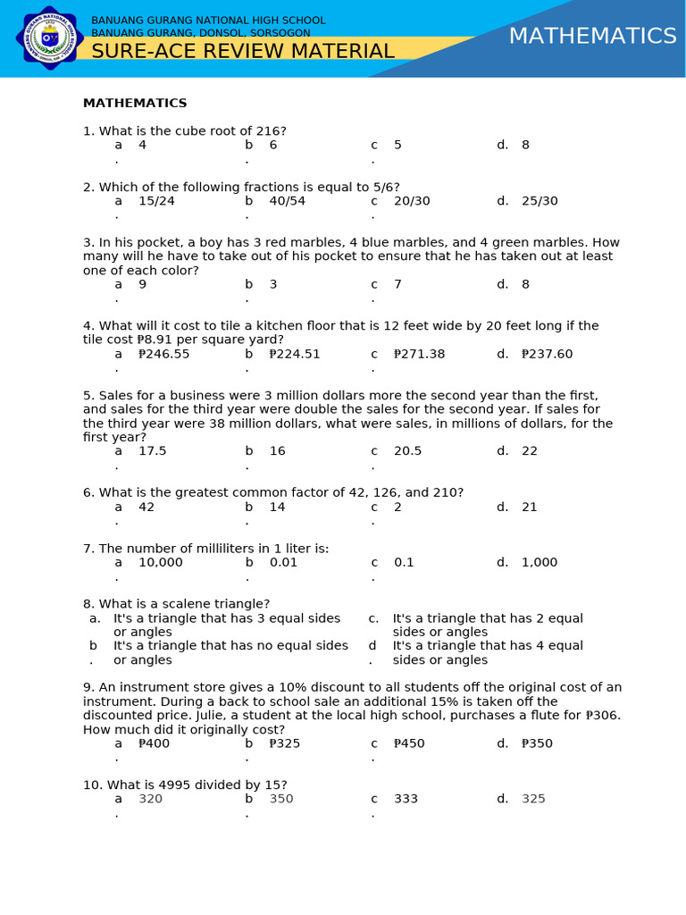 Math Reviewer | PDF | Circle | Elementary Mathematics