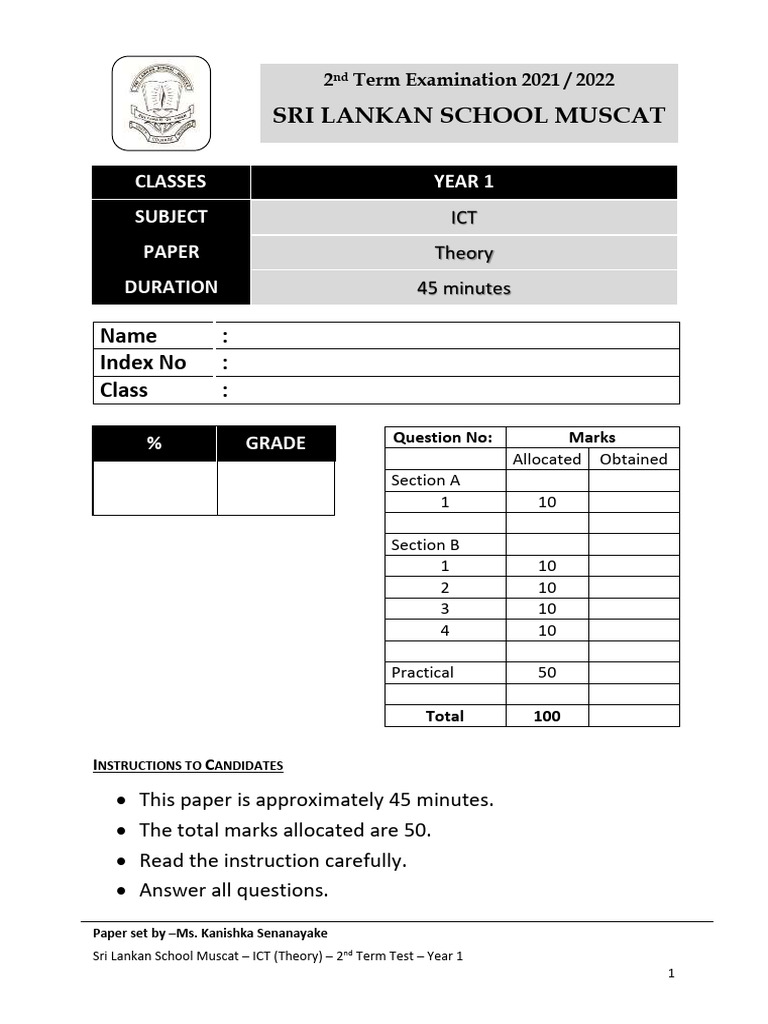 Year 1 ICT 2nd Term Test Paper | PDF | Computing