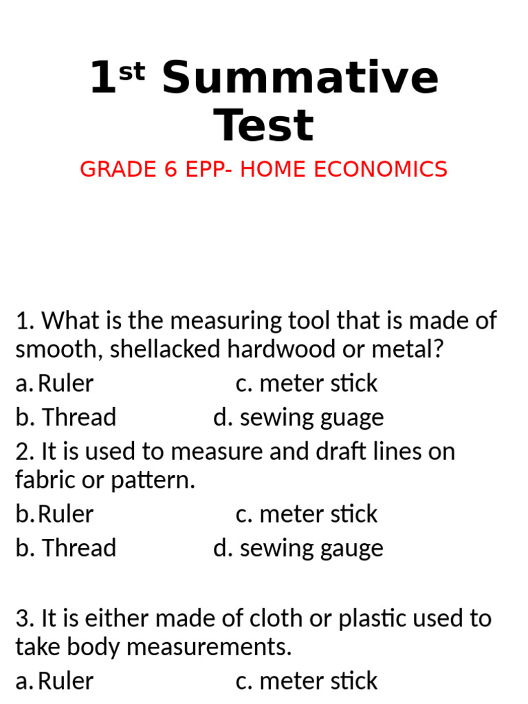 1st Summative Test-Sewing Tools and Equipment | PDF | Sewing | Yarn