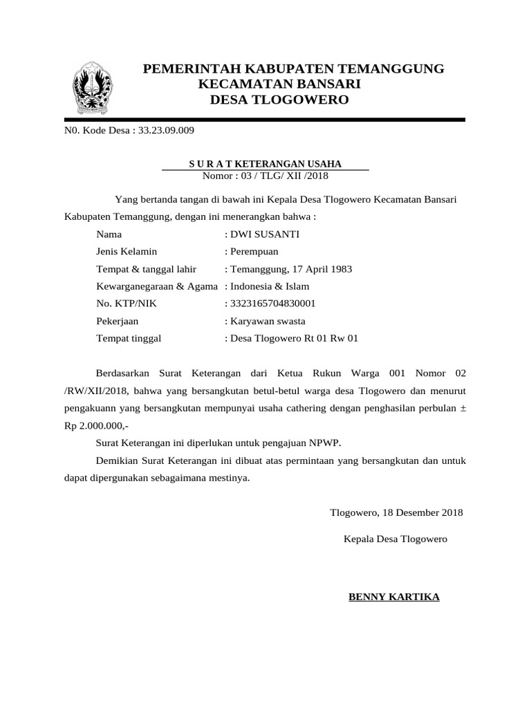 Surat Keterangan Usaha (Sku) & Penghasilan | PDF