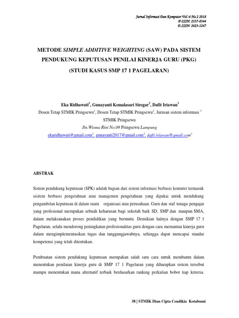 metode SAW (simpel Additive Weighting) | PDF