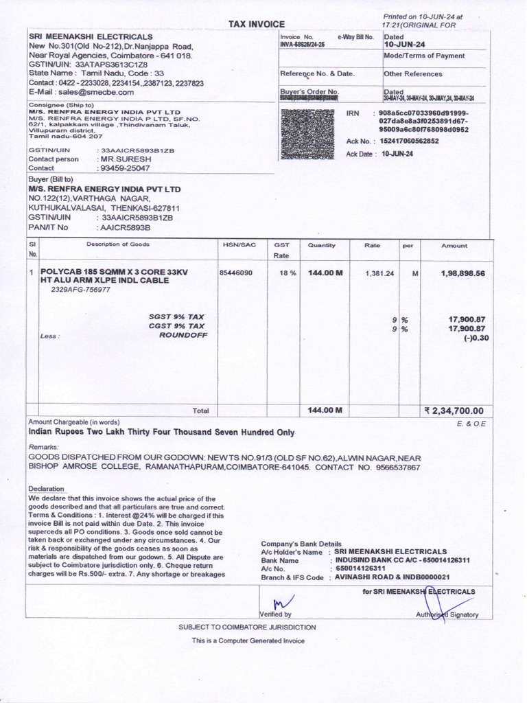 om rs 185 cable invoice | PDF