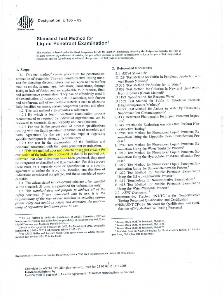5 Astm e 165 - Standard Test Method For Liquid Penetrant Test | PDF