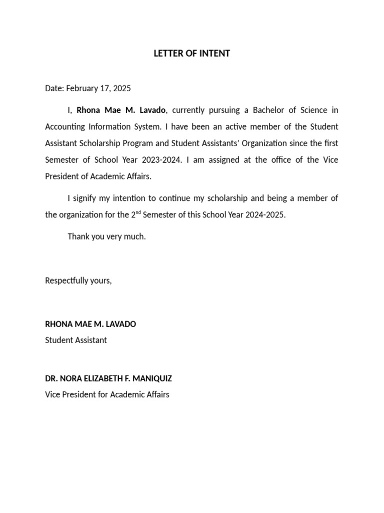 Letter of Intent for Scholarship Renewal | PDF