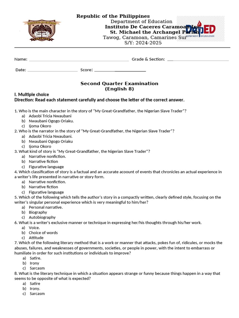 2nd Quarter Exam in English 8 | PDF