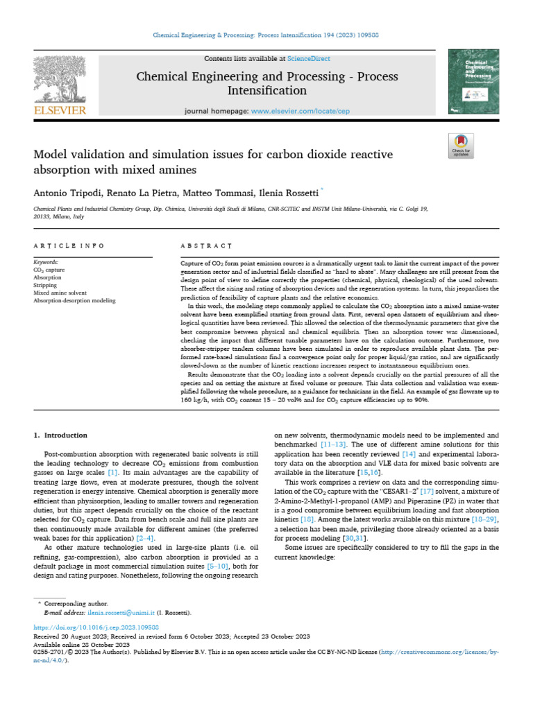 Model Validation and Simulation Issues For Carbon Dioxide Reactive Absorption With Mixed Amines ...