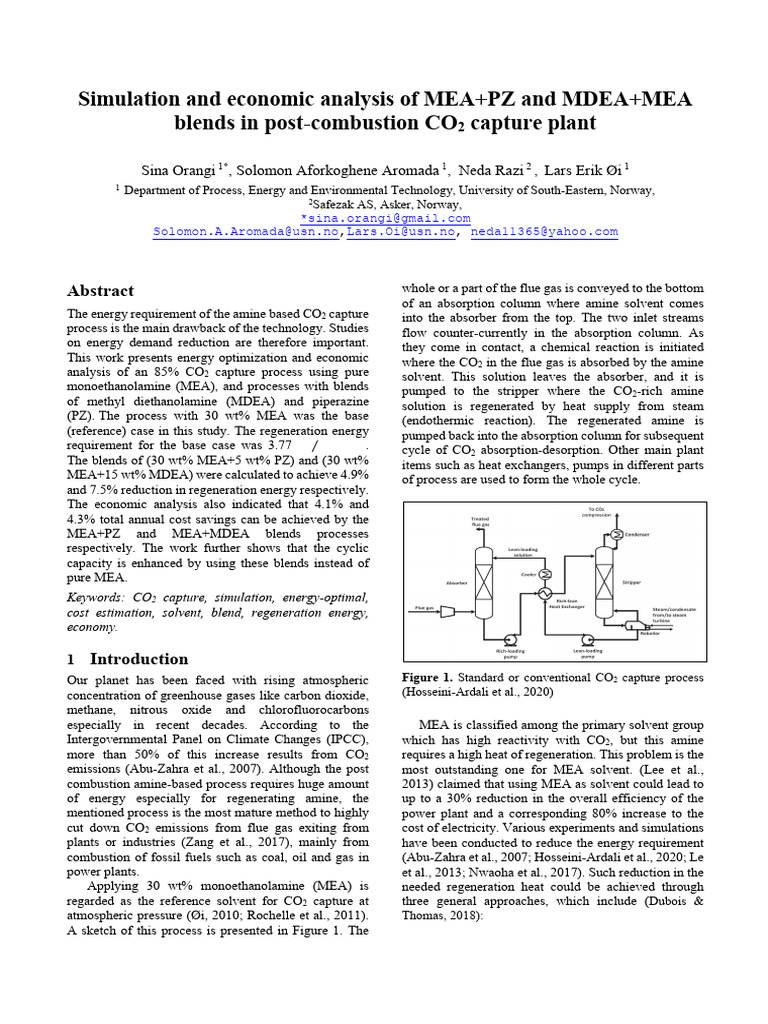 Simulation and Economic Analysis of MEA+PZ and MDEA+MEA Blends in Post-Combustion CO2 Capture ...
