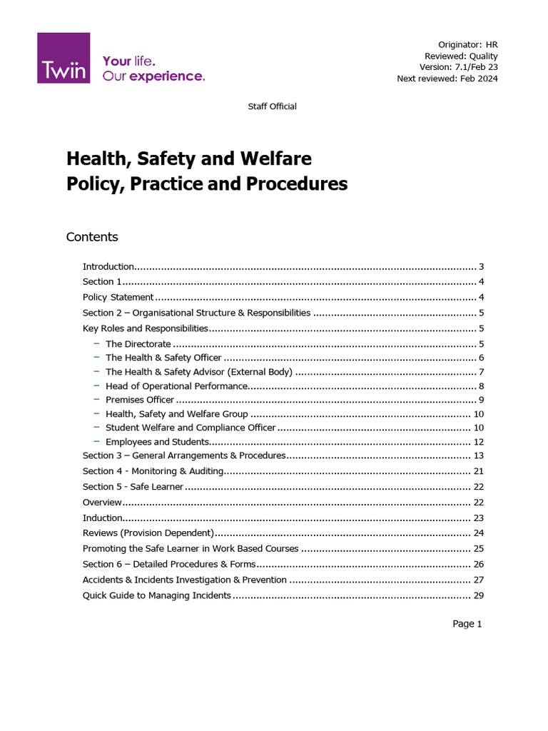Health Safety and Welfare Policy v71 | PDF | Occupational Safety And ...