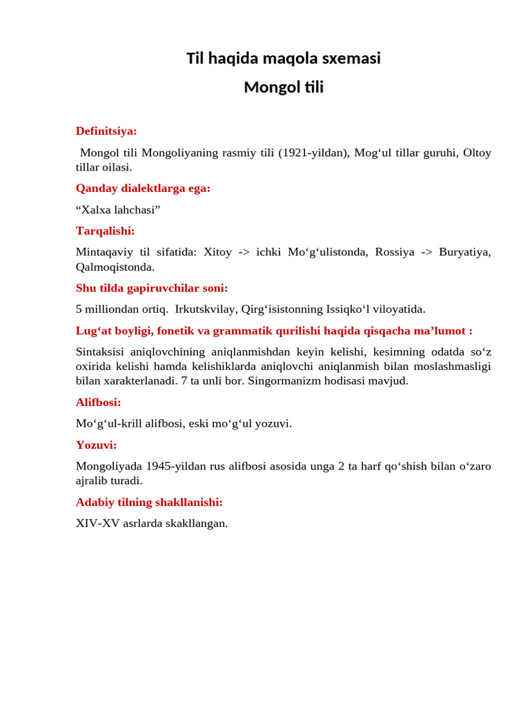 Til Haqidagi Maqola Sxemasi | PDF