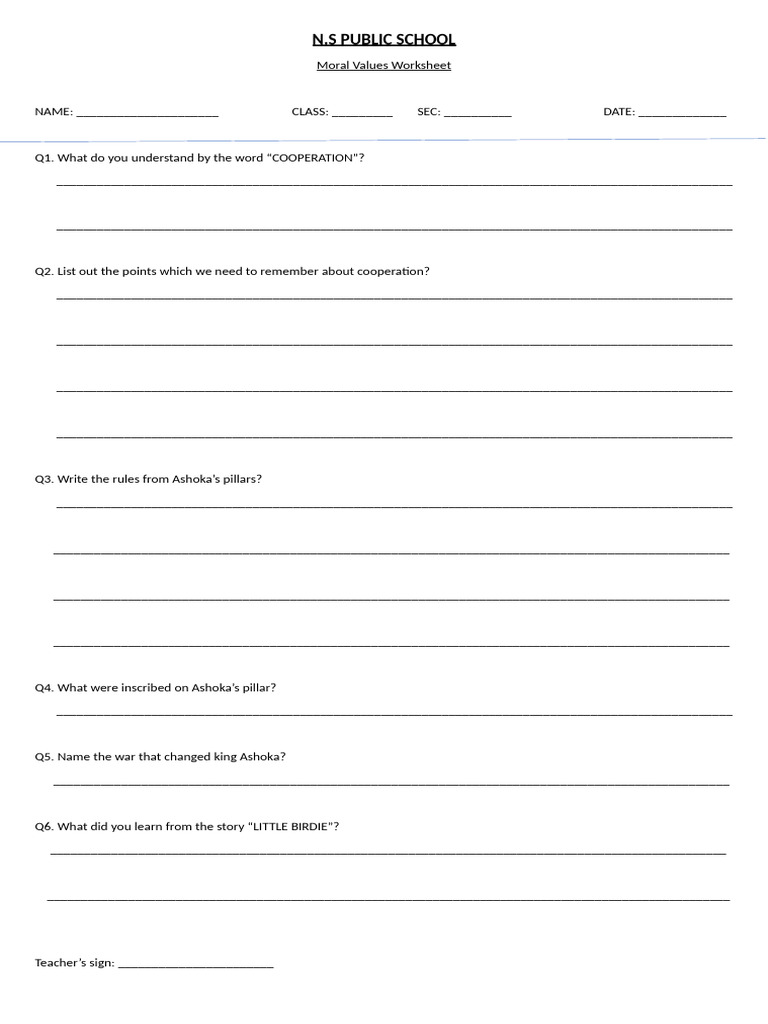 Moral Values Worksheet for Students | PDF