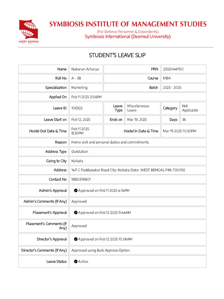 Nabarun's Leave Slip From Feb 12, 2025 To Mar 19, 2025 | PDF