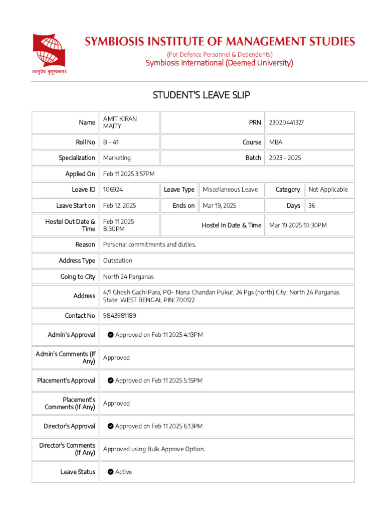 AMIT's Leave Slip From Feb 12, 2025 To Mar 19, 2025 | PDF
