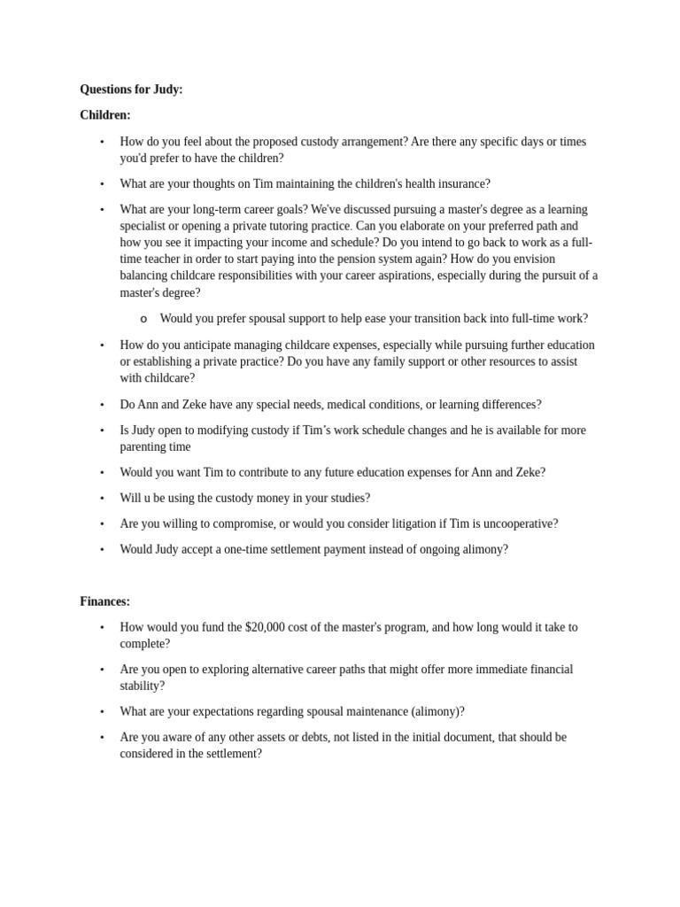 Questions For Tim and Judy (Client Interview) | PDF | Debt | Alimony