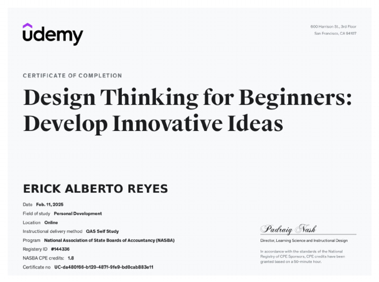 NASBA CPE Certificate of Completion Is Ready For Design Thinking For ...