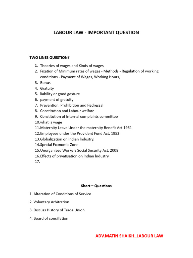 Labour Law Imp Question Bank - Adv Matin Shaikh | PDF | Labor | Labor Relations