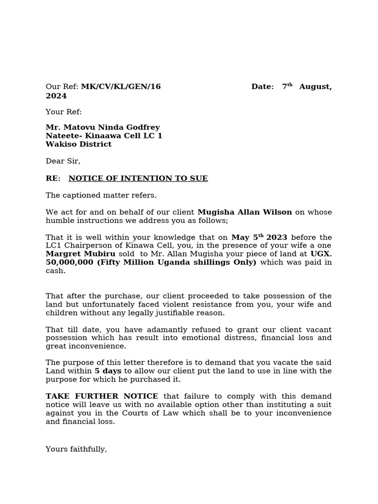 Notice of Intention to Sue for Land Dispute | PDF