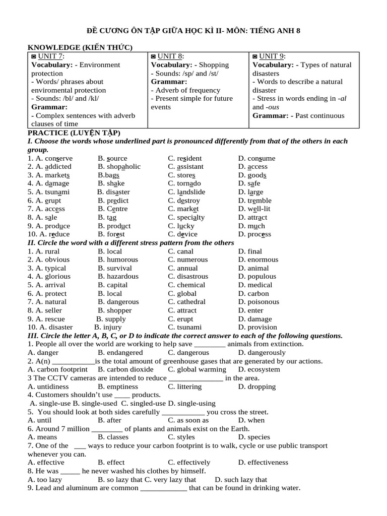 Đề Cương Ôn Tập GK 2 Anh 8 | PDF | Tsunami | Camping