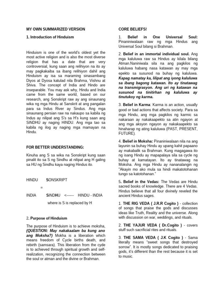 Summarized Version of Hinduism | PDF