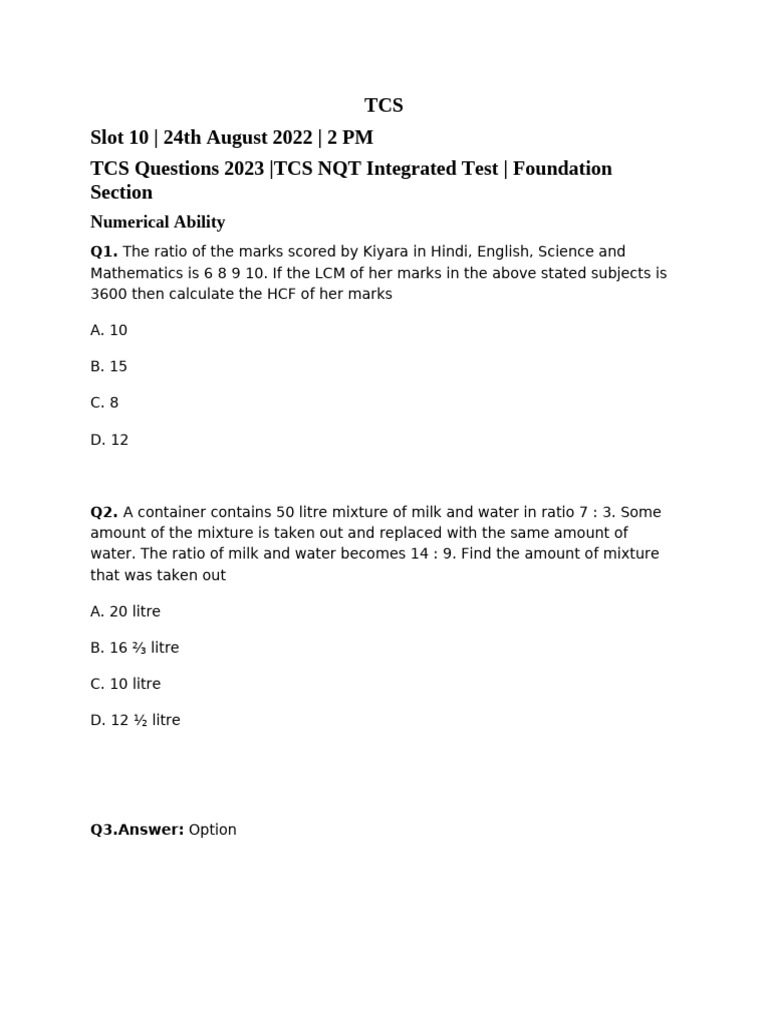TCS NQT 2023 Numerical Ability Questions | PDF | Geometry | Space