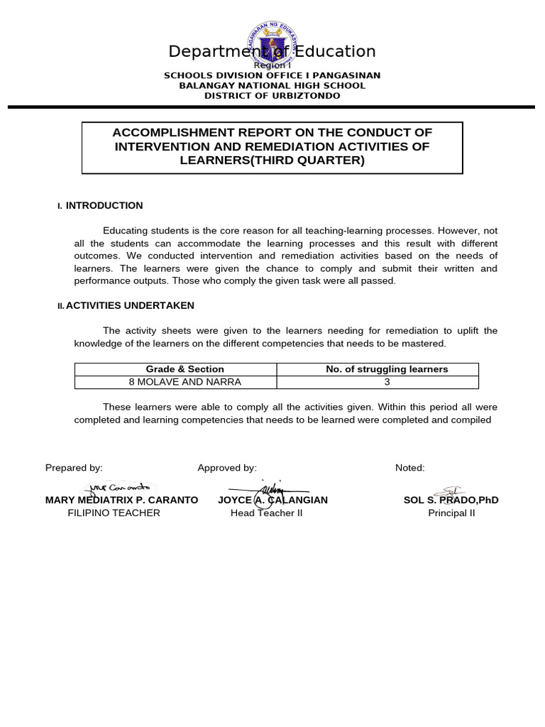Accomplishment Report On Remediation and Intervention | PDF | Education ...