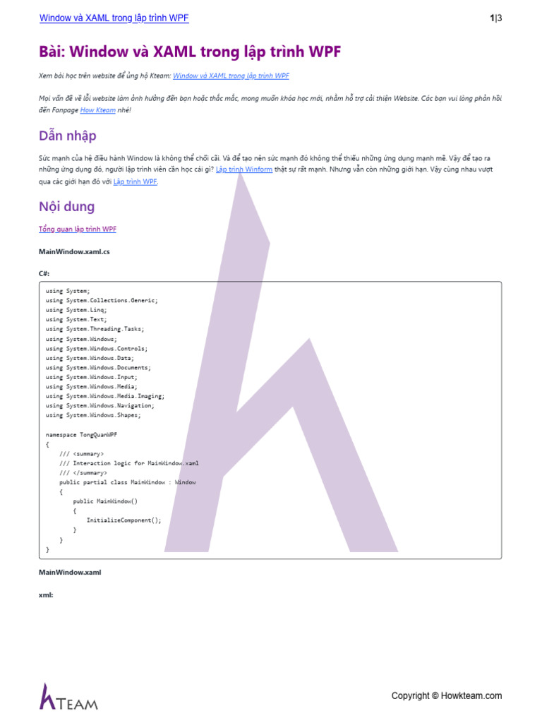 Howkteam.vn - Window Và Xaml Trong Lập Trình Wpf | PDF