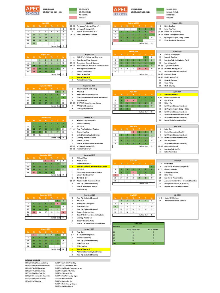 SY23 24 School Calendar APEC Schools | PDF | Motor Vehicle ...