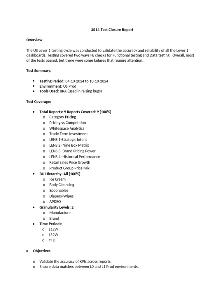 Test Closure Report US L1 | PDF | Computing