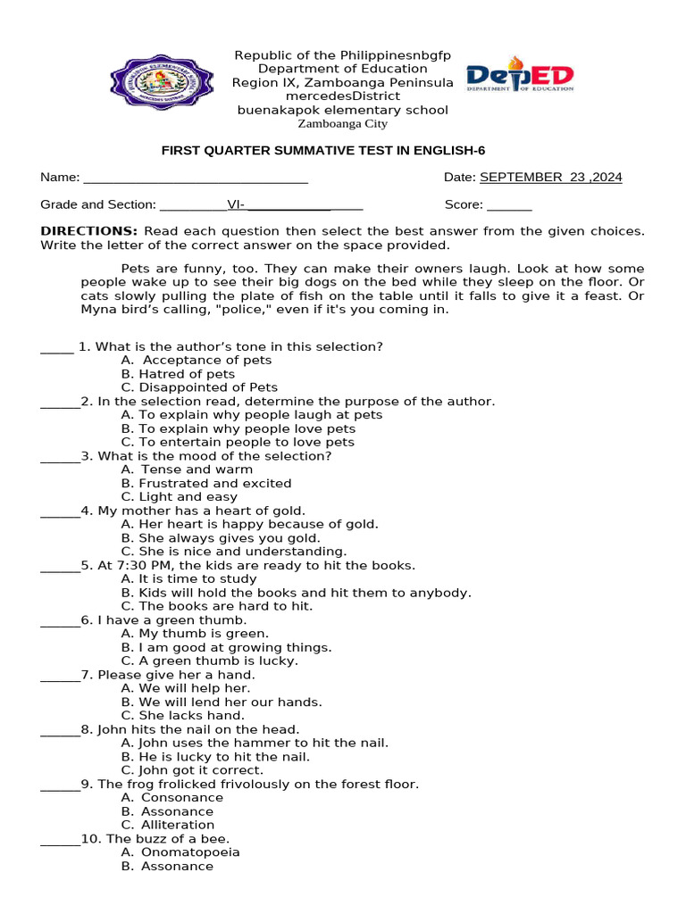 1Q English Summative Test | PDF | English Language | Linguistics