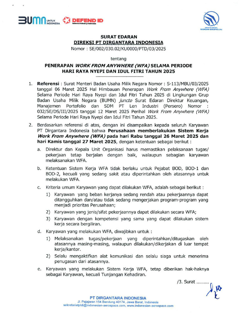 SE 002-03-2025 Tentang Penerapan WFA Selama Periode Hari Raya Nyepi Dan Idul Fitri Tahun 2025 | PDF