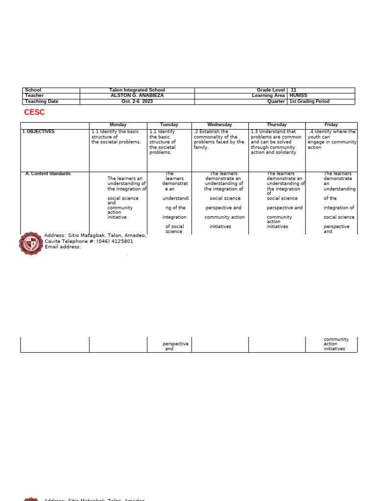 Community Action in HUMSS Curriculum | PDF | Learning | Cognition