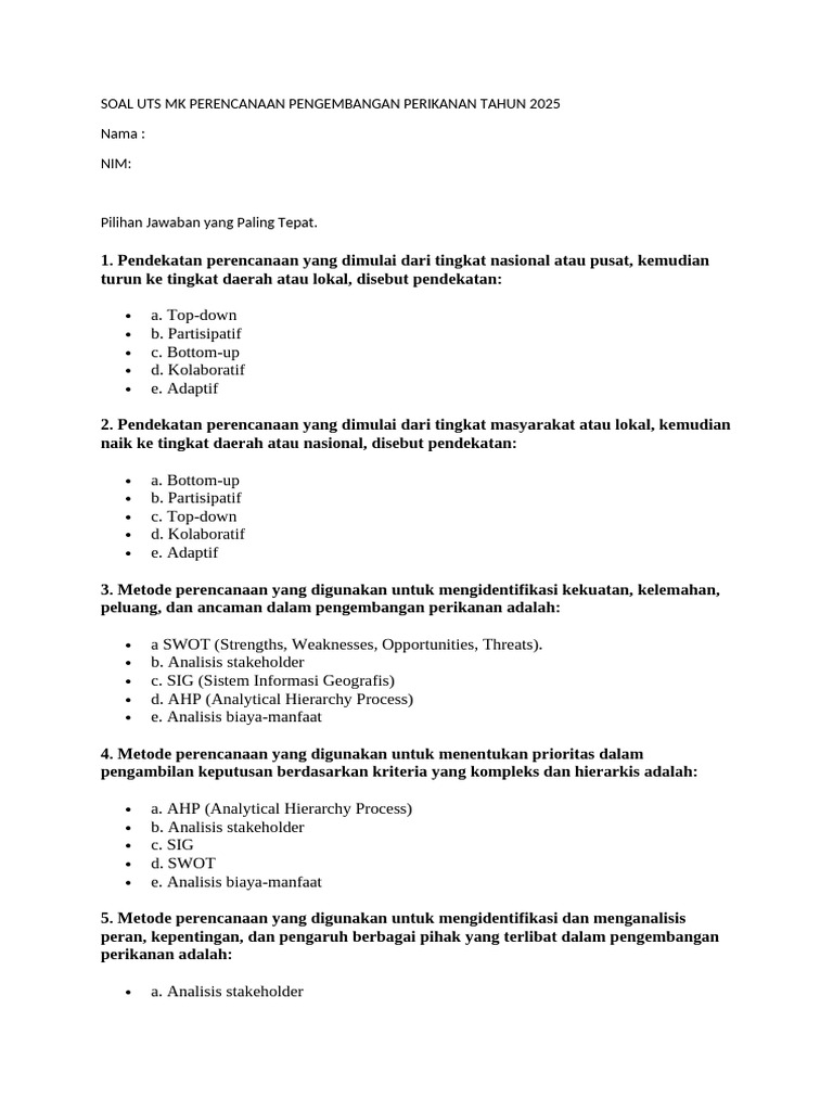 Soal Uts MK Perencanaan Pengembangan Perikanan Tahun 2025 | PDF