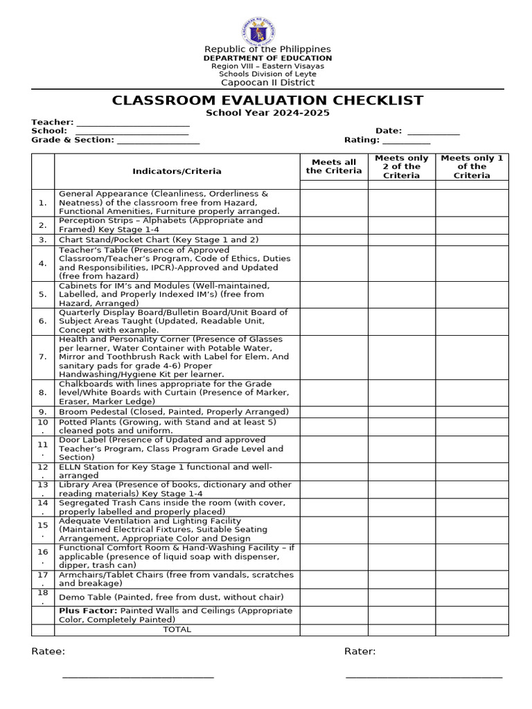 Updated School Records Classroom Evaluation Checklist 2024 2025 | PDF ...