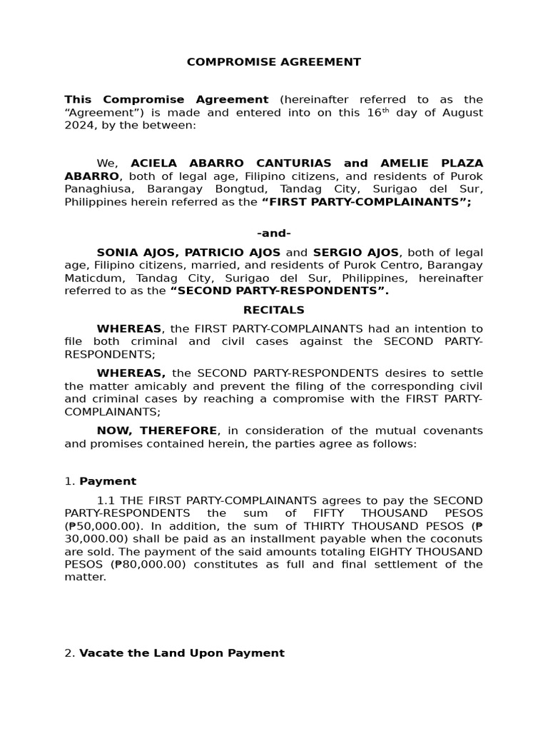 Compromise Agreement for Settlement | PDF | Complaint | Justice
