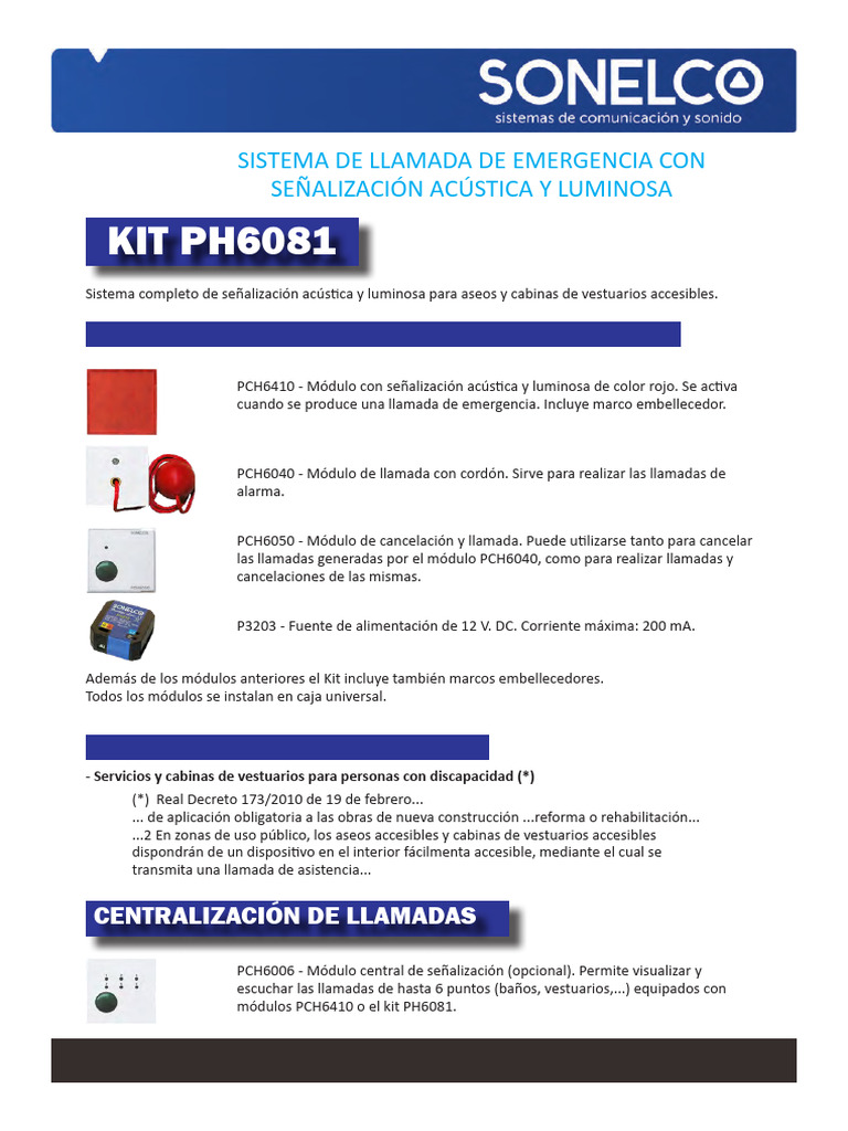 Sistema de Llamada PH6081 para Aseos Accesibles | PDF