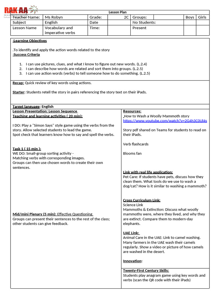 Vocabulary Lesson Plan for Grade 2 | PDF | English Language | Second ...