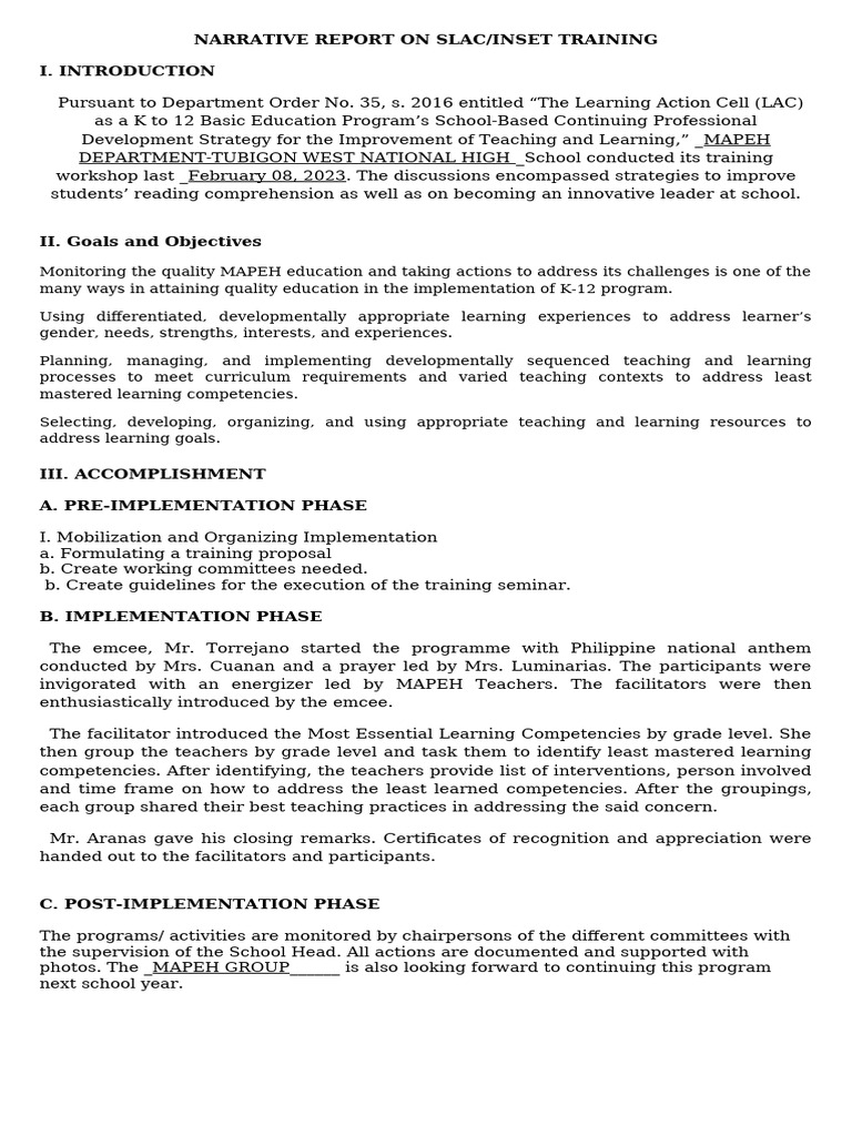 Narrative Report Insetslac | PDF | Learning | Teachers