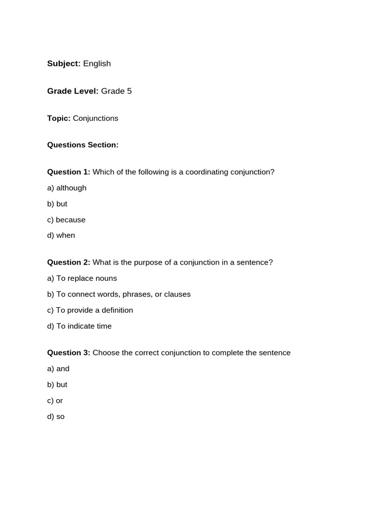 Quiz Grade 5 Multiple Chioce Conjunctions | PDF | Question | Sentence ...