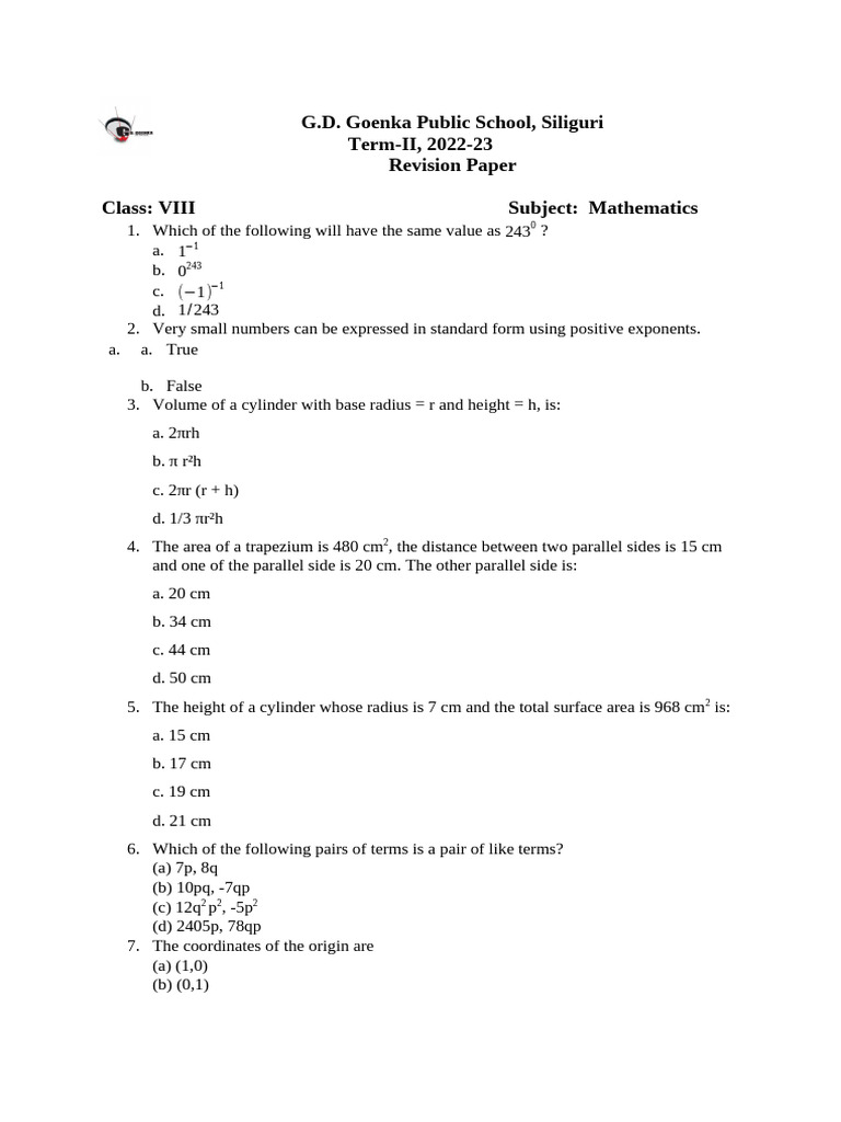 Class 8 Revision Paper | PDF | Area | Factorization