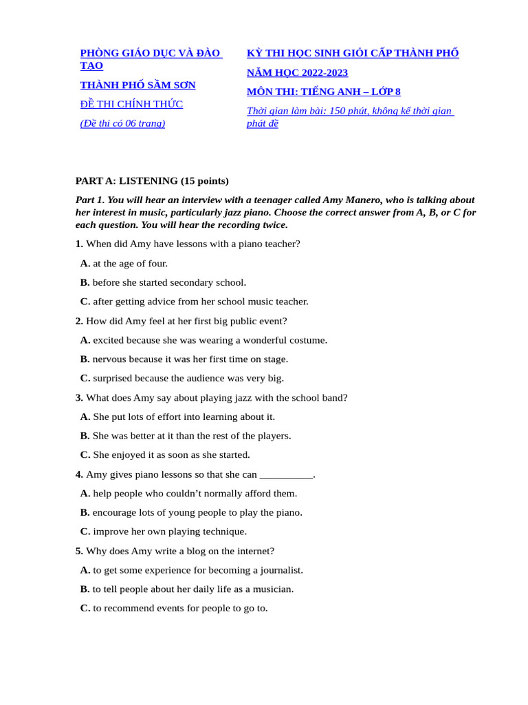 Đề thi HSG Anh 8 Huyện Lâm Thao | PDF | Organic Farming | Agriculture