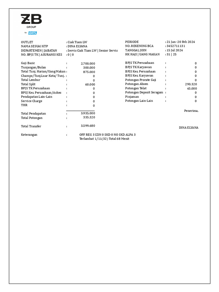 BPJS and Salary Breakdown for Ciak Tiam | PDF