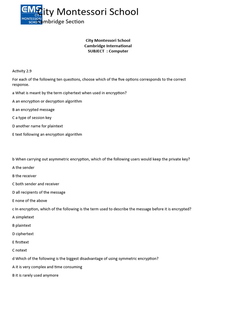 Grade 9 - Worksheet - Encryption | PDF | Encryption | Error Detection And Correction