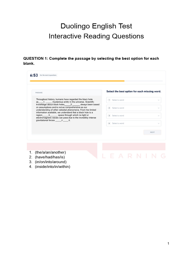 Duolingo Sample Question and Answer PDF For Interactive Reading Type (2 ...