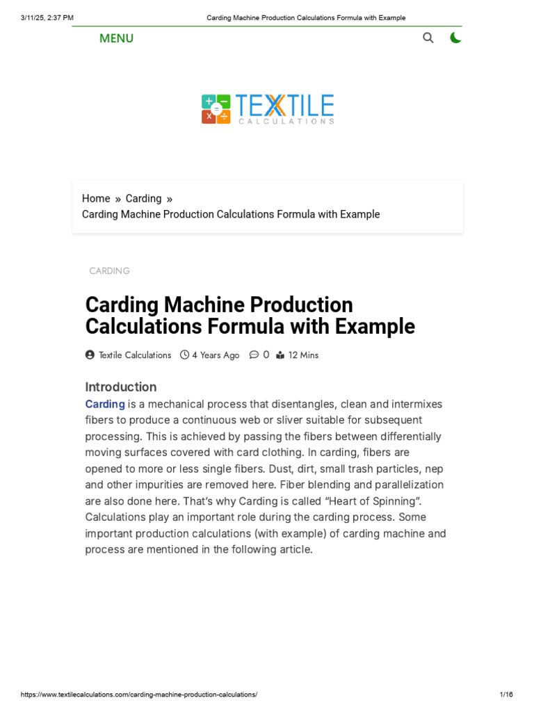 Carding Machine Production Calculations Formula With Example | PDF | Yarn | Pound (Mass)