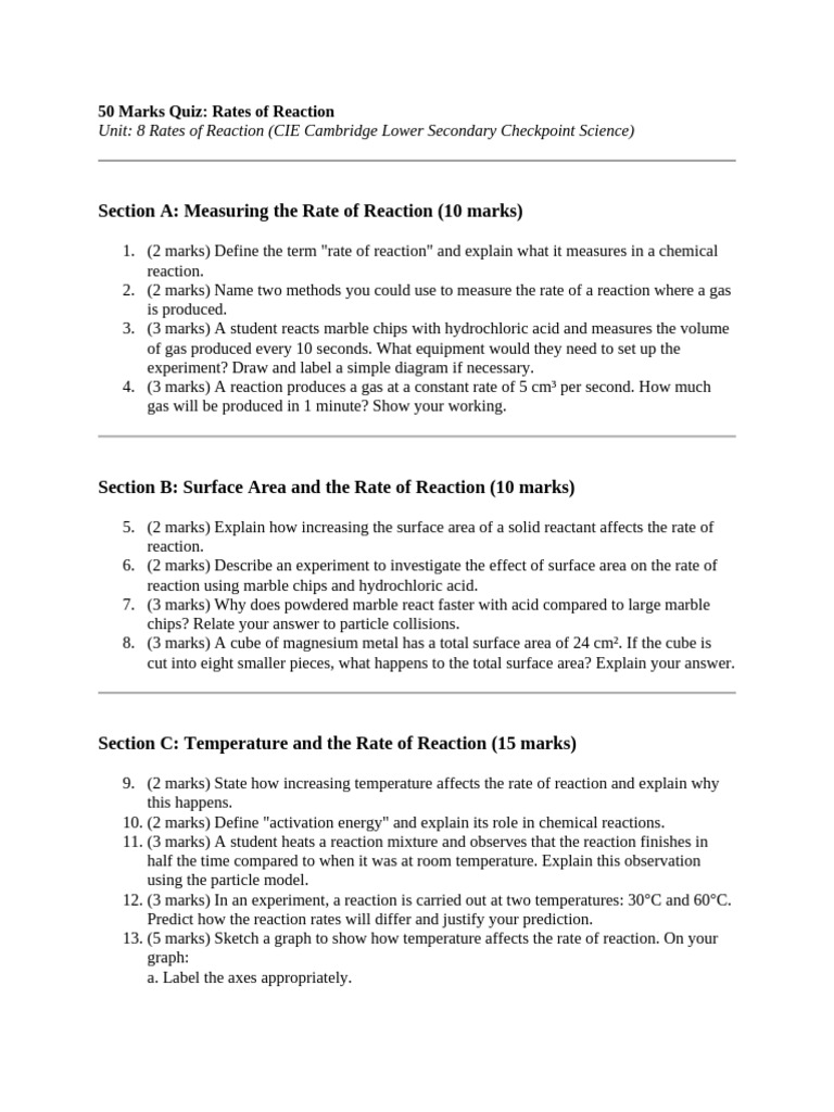 Unit 8 Rate of Reactions Quiz | PDF | Reaction Rate | Chemical Reactions