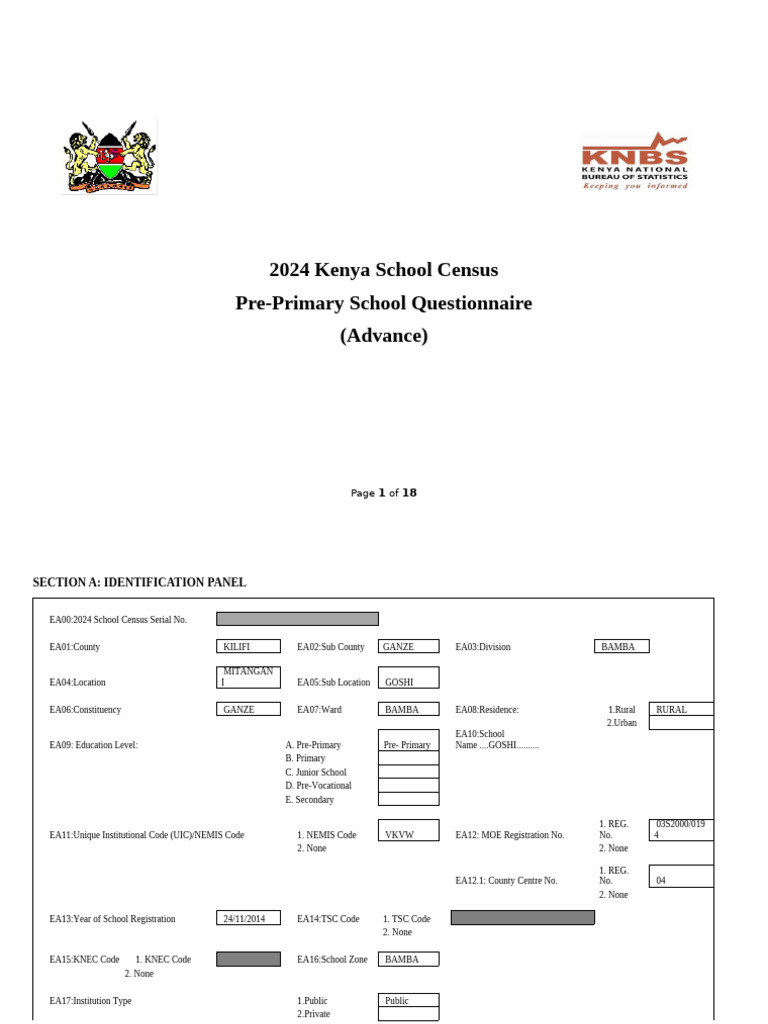 2 2024 School Census ADVANCE Questionnaire Pre-Primary FINAL | PDF | Cost Of Living | Salary
