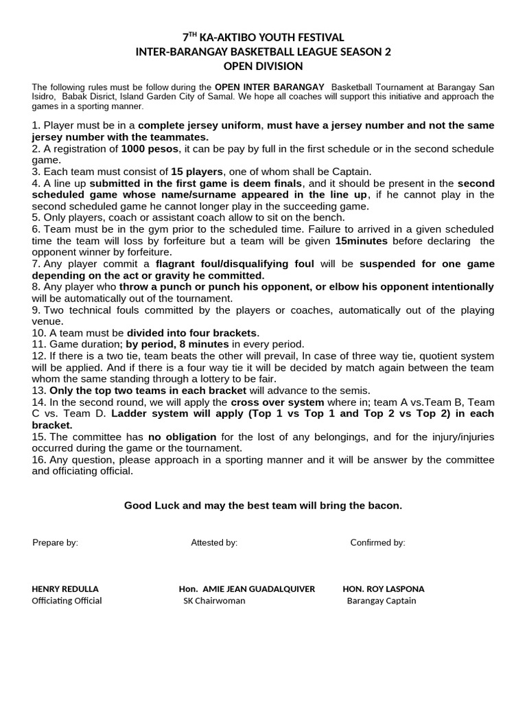 Inter-Barangay Basketball League Rules | PDF | Team Sports | Sports ...