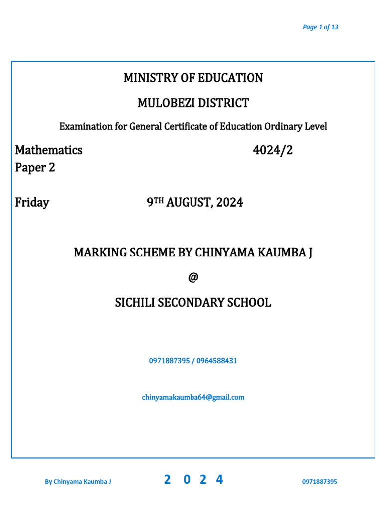 Gce - Maths.p2.2024.marking Scheme by Chinyama Kaumba J | PDF | Student Assessment And ...