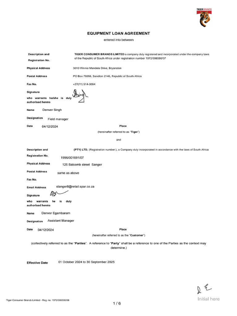 Tiger Consumer Brands Limited - Equipment Loan Agreement - Revised Version 8-10-24 | PDF