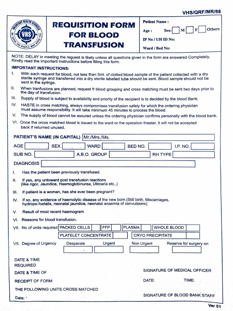 Requisition Form For Blood Transfusion | PDF | Blood Transfusion | Blood