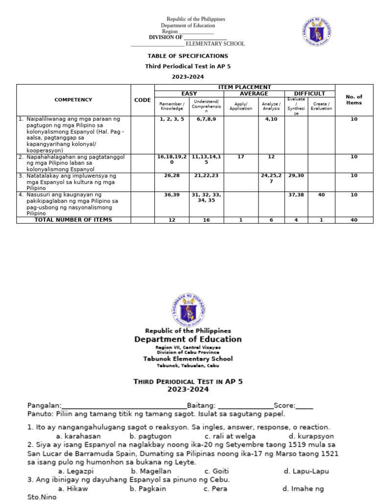 Table of Specifications Third Periodical Test in AP 5 2023-2024 Item ...